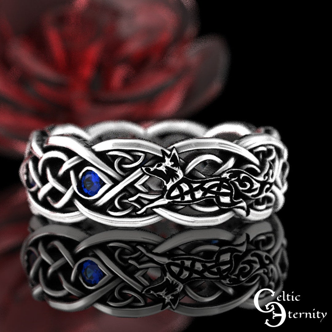 Sapphire Fox Wedding Band, Sterling Silver Fox Wedding Band, Celtic Fox ...