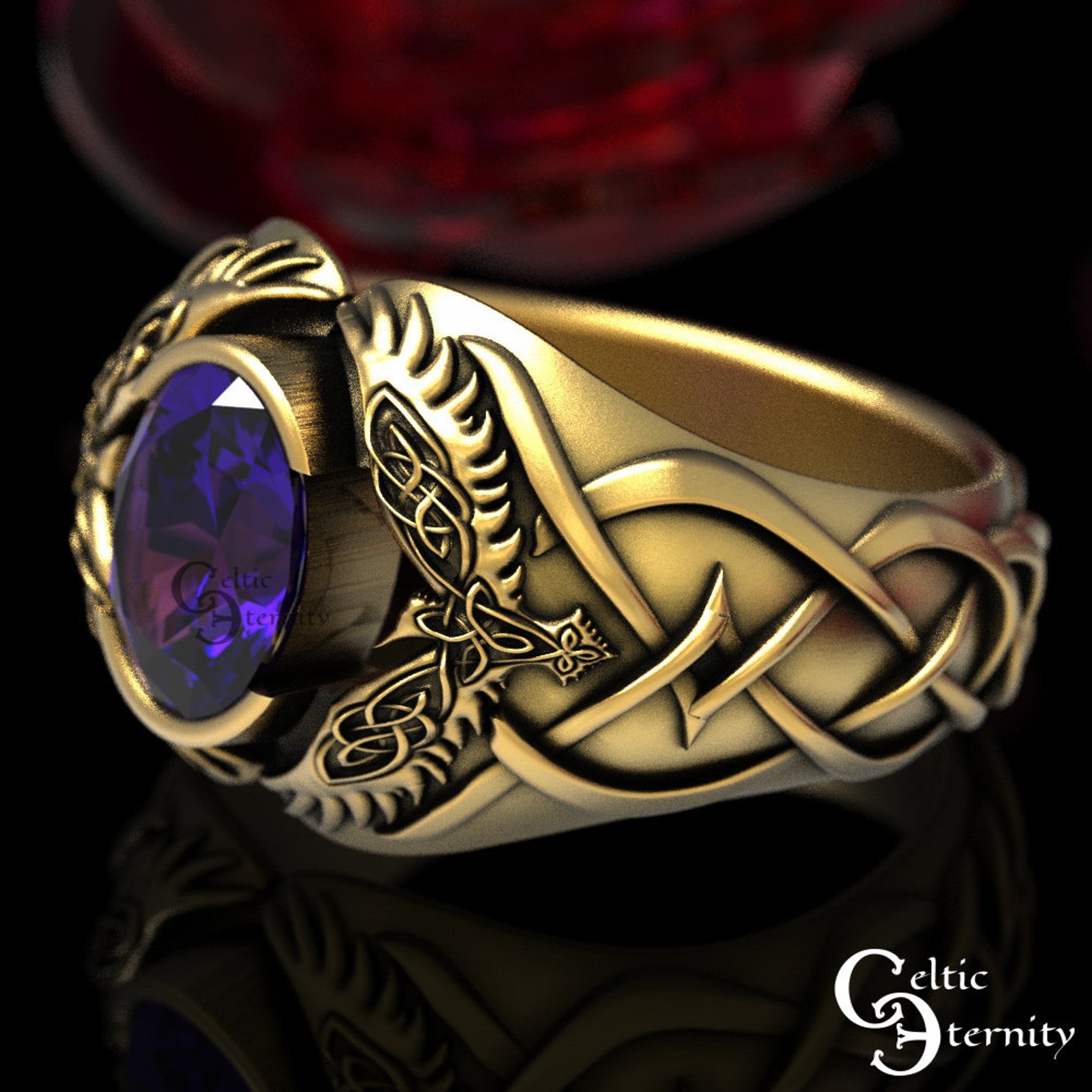 Mens Gold Raven Ring, Amethyst Celtic Ring, Odin Raven Ring, Men Viking ...
