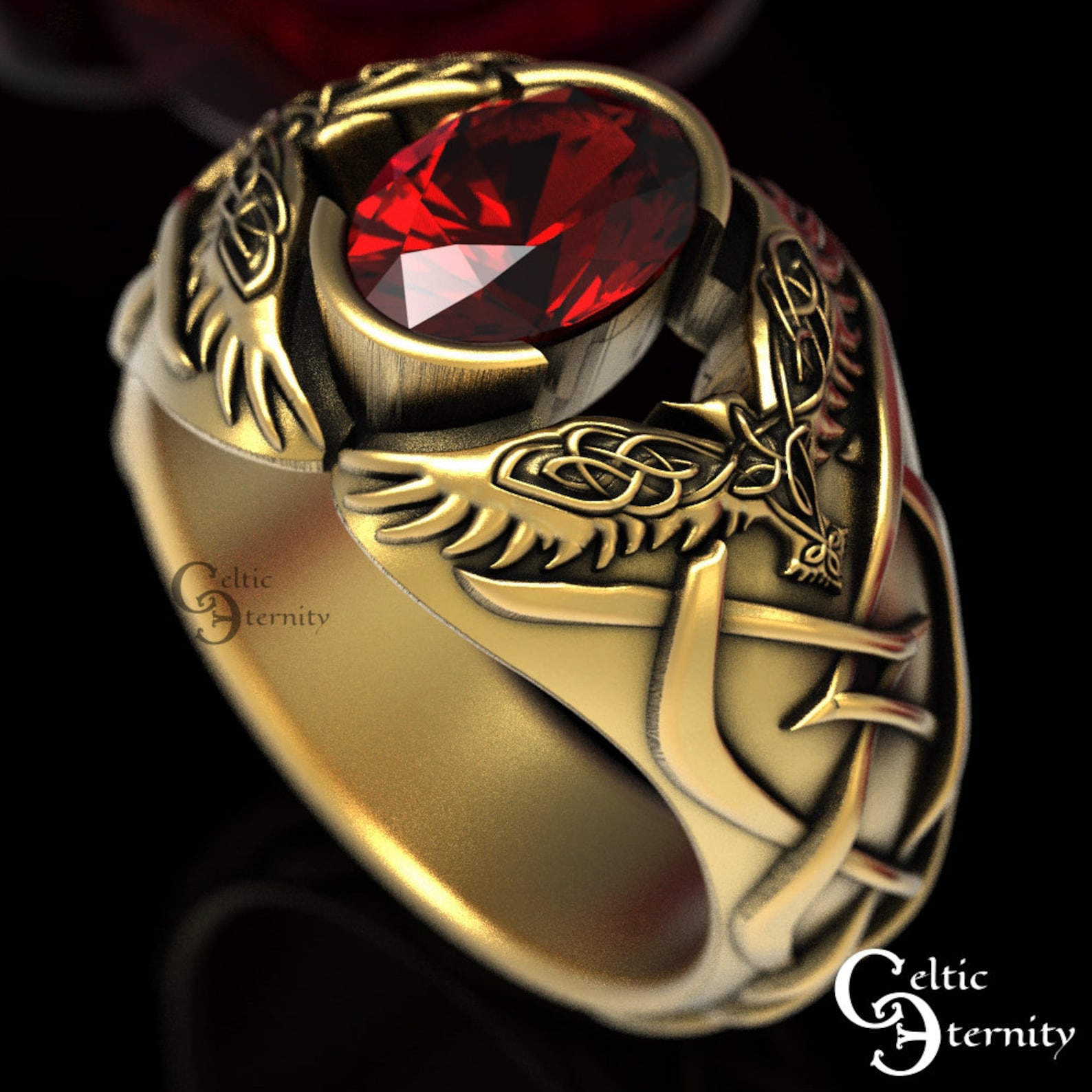 Odin Raven Ring, Mens Gold Raven Ring, Ruby Celtic Ring, Men Viking ...