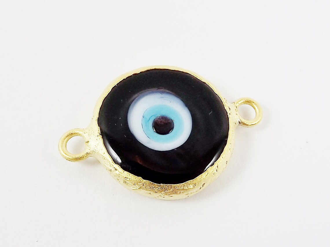 Black Evil Eye Round Artisan Handmade Glass Connector - 22k Matte Gold ...
