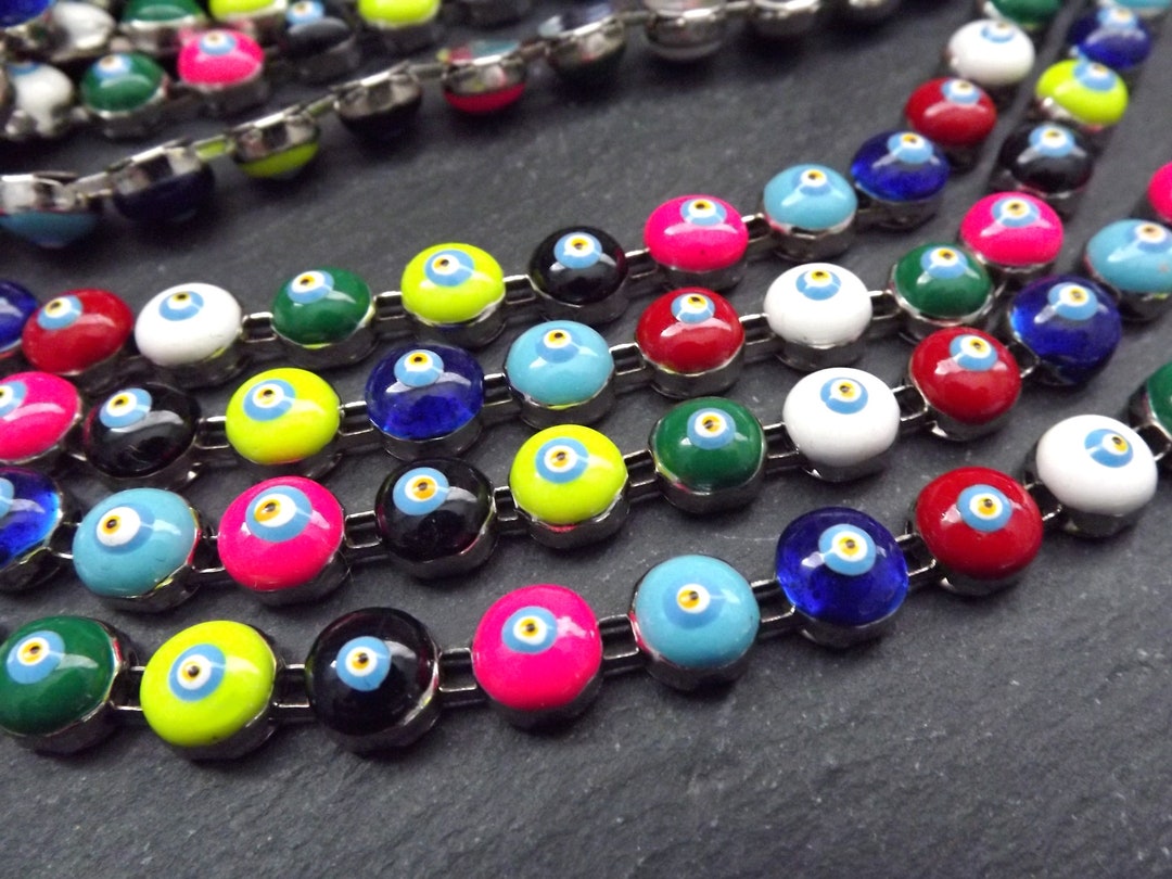Silver Multicolor Evil Eye Bead Chain, Fun Chunky Enamel Eye Link Chain ...