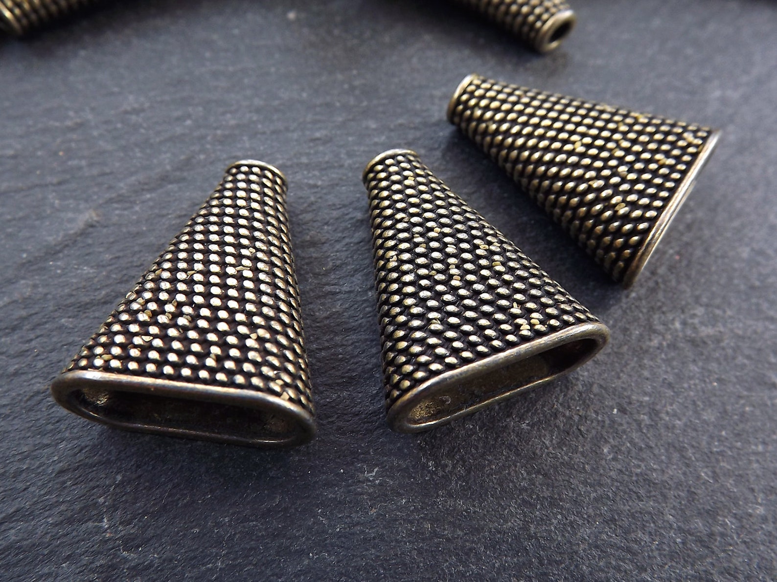 3 Large Dotted Twisted Weave Detail Flat Cone Bead End Caps - Antique ...