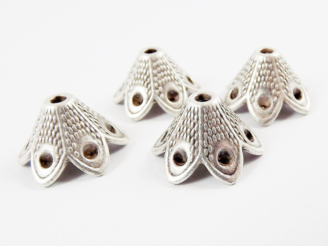 4 Large Silver Bead Caps Dimple Petal Detail, Round Bead End Caps ...