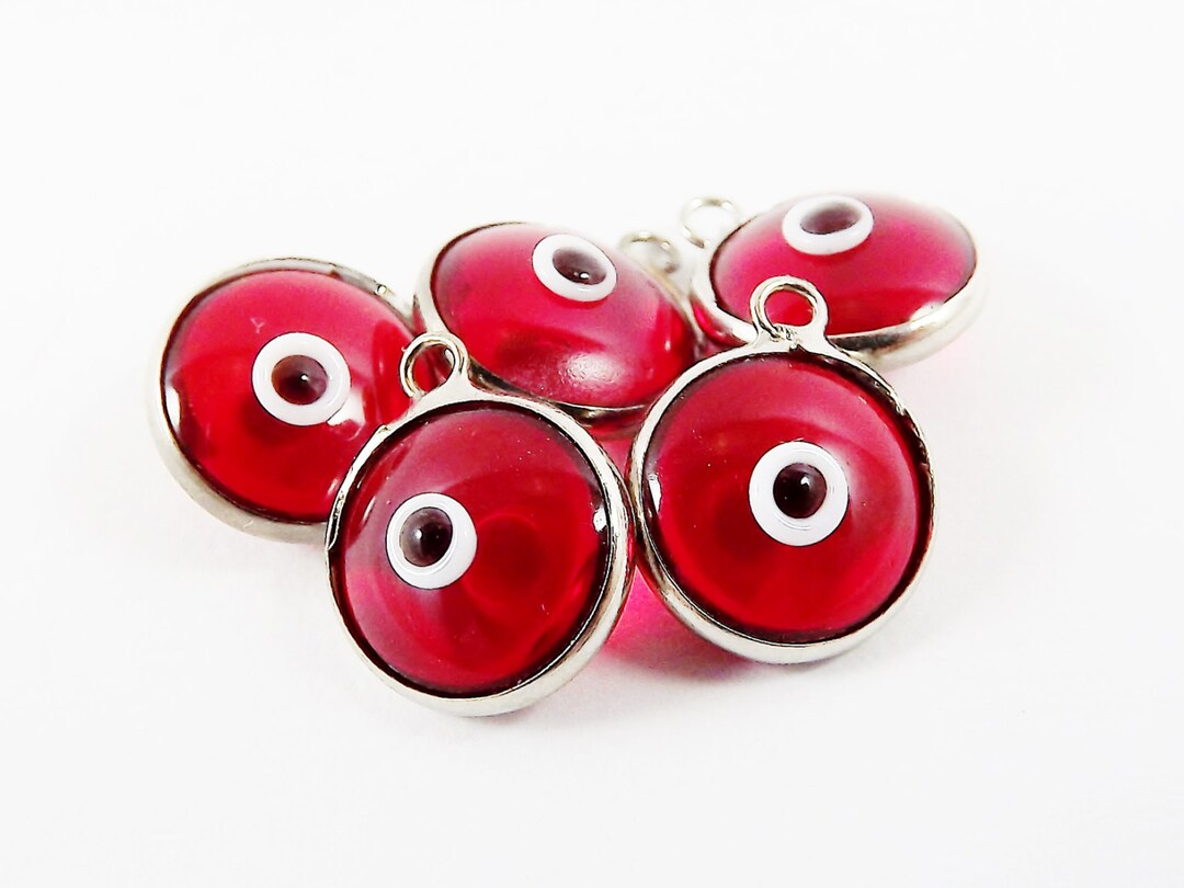 5 Translucent Red Evil Eye Nazar Artisan Glass Bead Charms - Silver ...