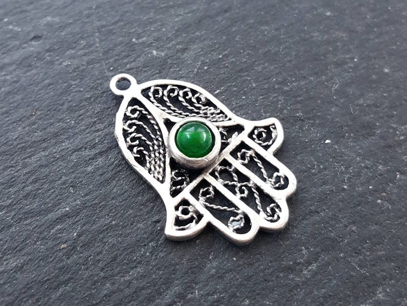 Filigree Hand of Fatima Hamsa Pendant Charm With Emerald Green Smooth ...