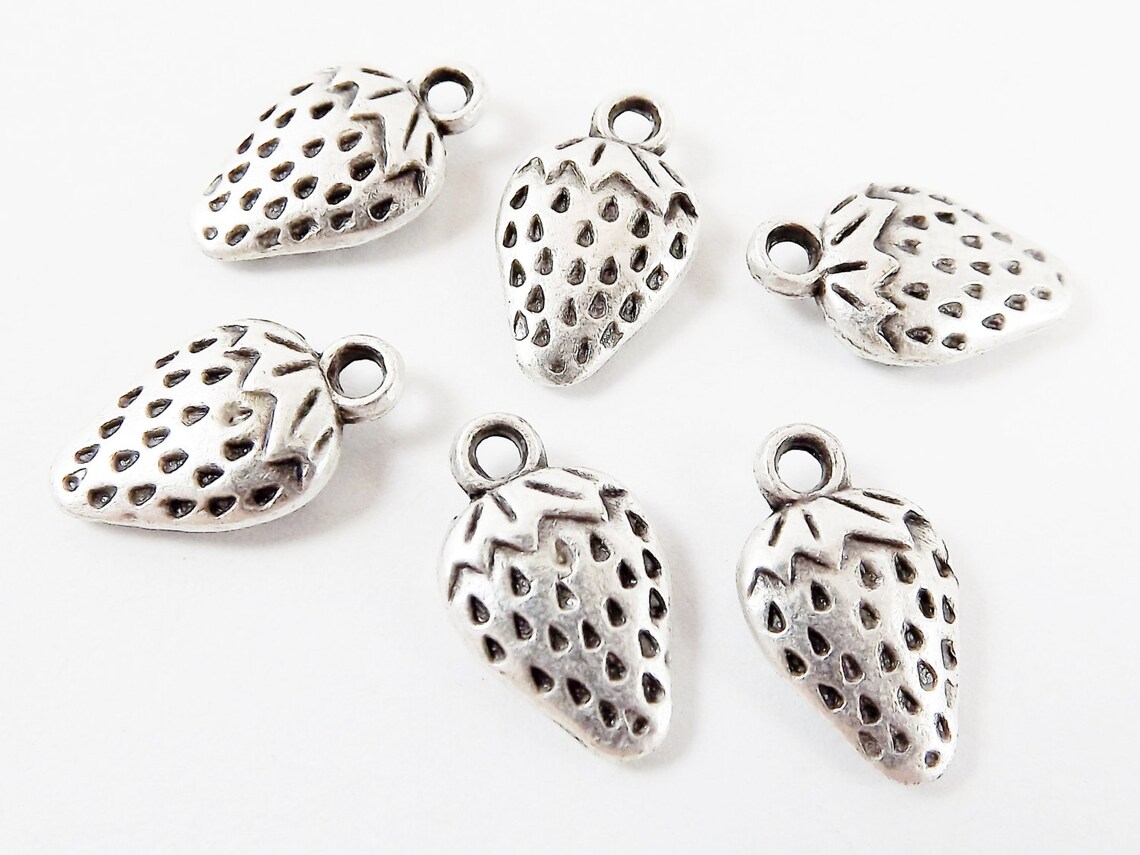 6 Strawberry Charms - Matte Silver Plated - Etsy