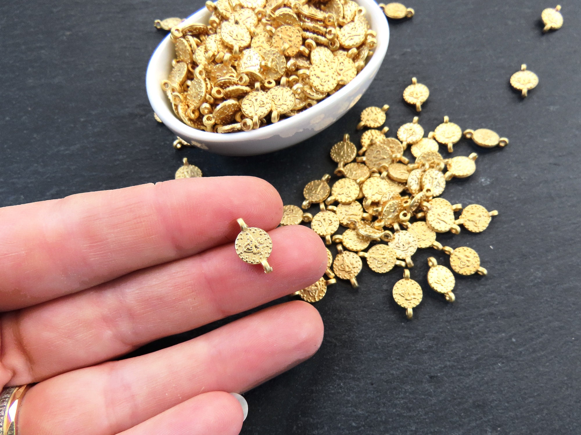 20 Mini Round Coin Charm Connectors With Two Loops Dotted - Etsy