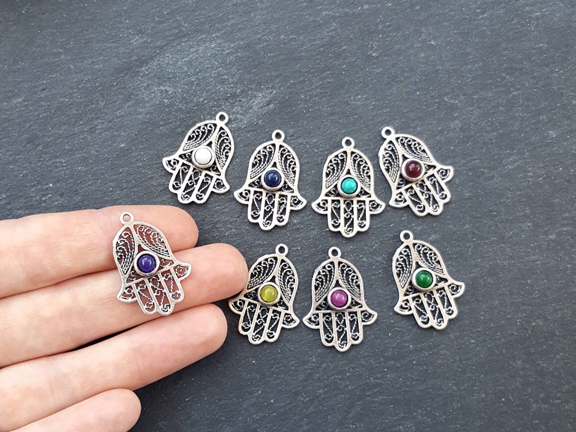 Filigree Hand of Fatima Hamsa Pendant Charm With Emerald Green Smooth ...