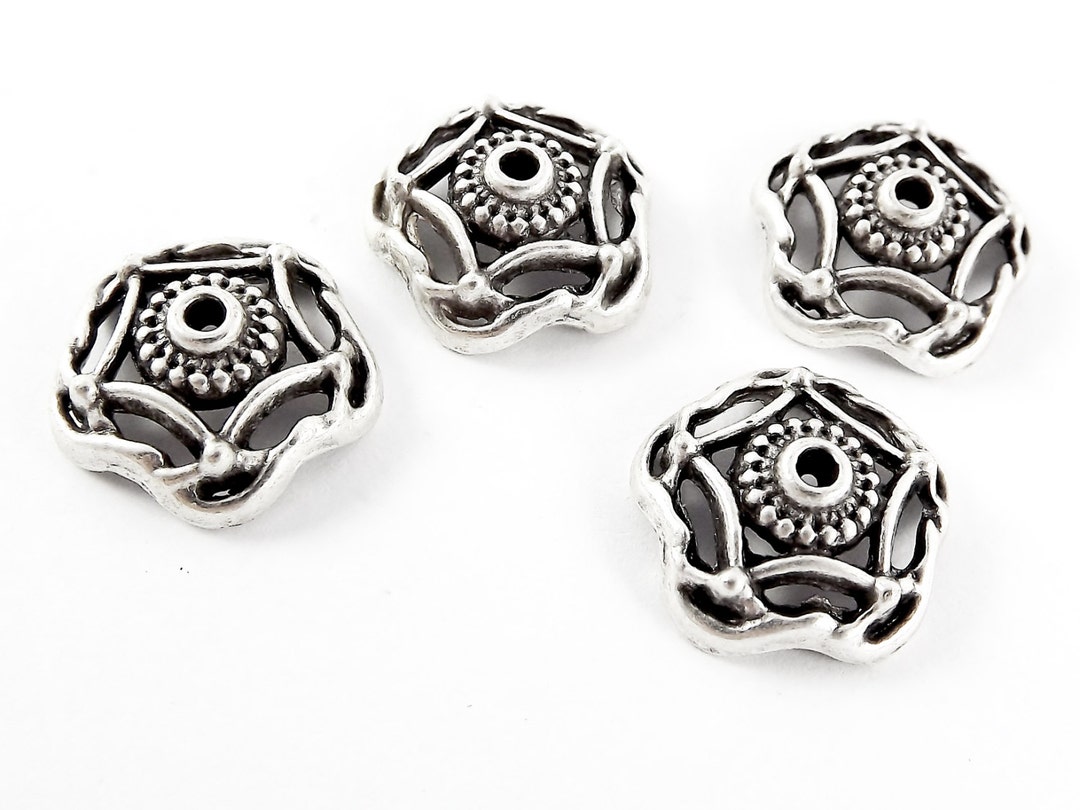 4 Shallow Wavy Bead End Caps - 16mm Wide Matte Silver Plated Round Bead ...