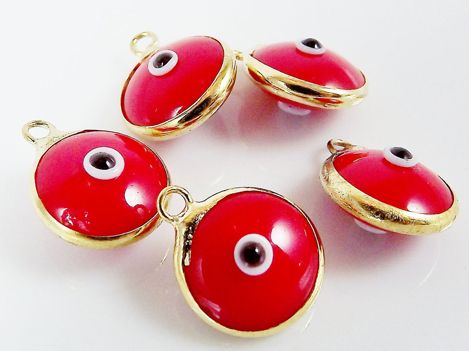 5 Poppy Red Evil Eye Nazar Artisan Glass Bead Charms Gold | Etsy