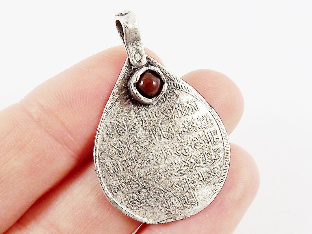 Teardrop Medallion Pendant With Brown Jade Stone Accent - Arabic ...