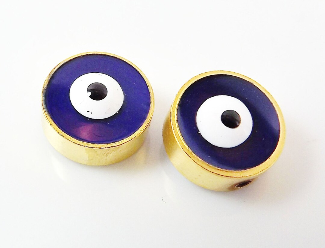 2 Large Navy Blue Lucky Enamel Evil Eye - 22k Matte Gold Plated Bead ...