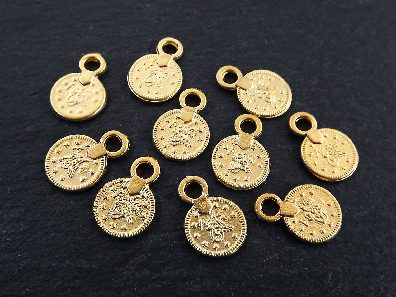 Mini Gold Coin Charm Pendants, Small Round Chunky Coins, 22k Matte Gold ...