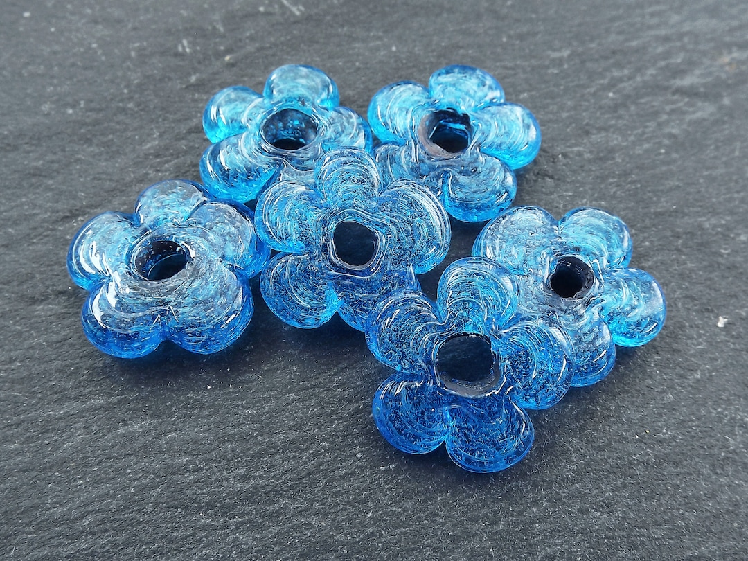 6 Aegean Blue Glass Flower Beads, Large Chunky Flower Artisan Handmade ...