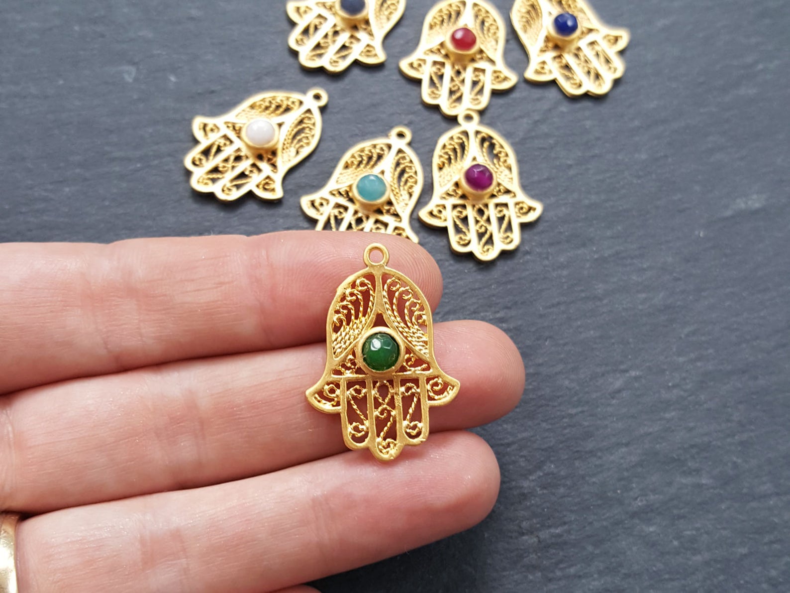 Filigree Hand of Fatima Hamsa Pendant Charm With Red Facet Cut Jade ...