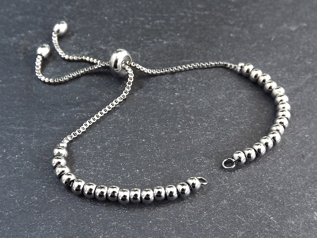 Adjustable Slider Bracelet Blank, Silver Beaded Box Chain Sliding Clasp ...