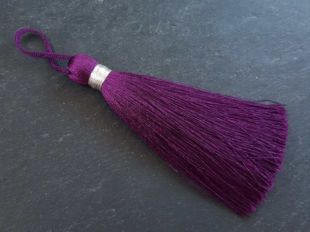 Large Plum Purple Silk Thread Tassel Fringe, Silver Metallic Band, Mala ...