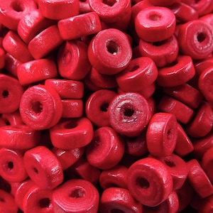 Poppy Red Round Rondelle Heishi Wood Beads Satin Varnished Plain Simple ...