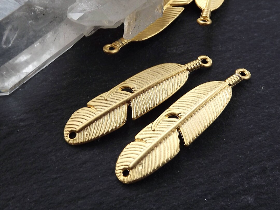 Gold Feather Charms, Curved Tribal Feather Pendants, 22k Matte Gold ...