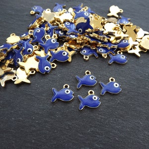 4 Fish Charms, Blue Enamel Small Fish Pendant Charms, Lucky Charm, 22k ...