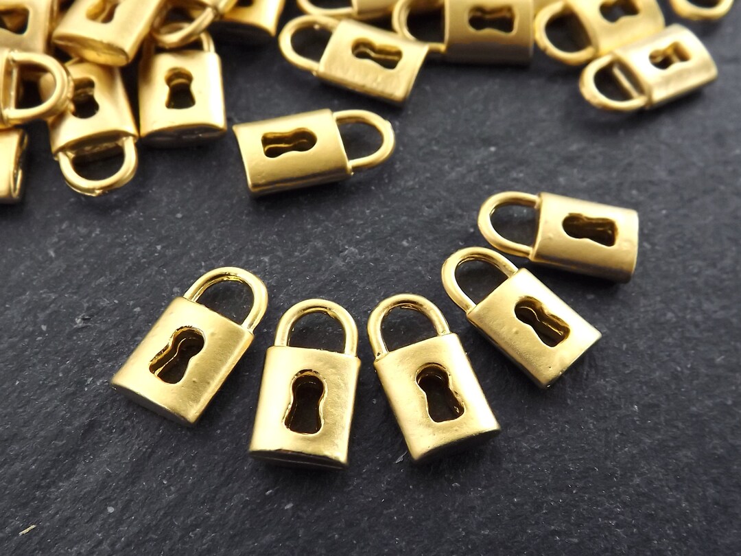 8 Mini Gold Padlock Charm Pendants, Keyhole Lock Dangle Charms, 22k ...