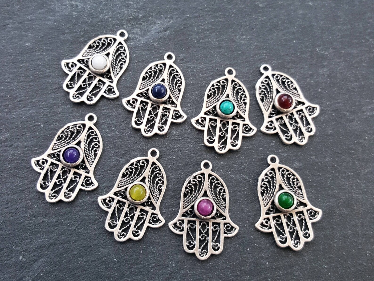 Filigree Hand of Fatima Hamsa Pendant Charm With Emerald Green Smooth ...