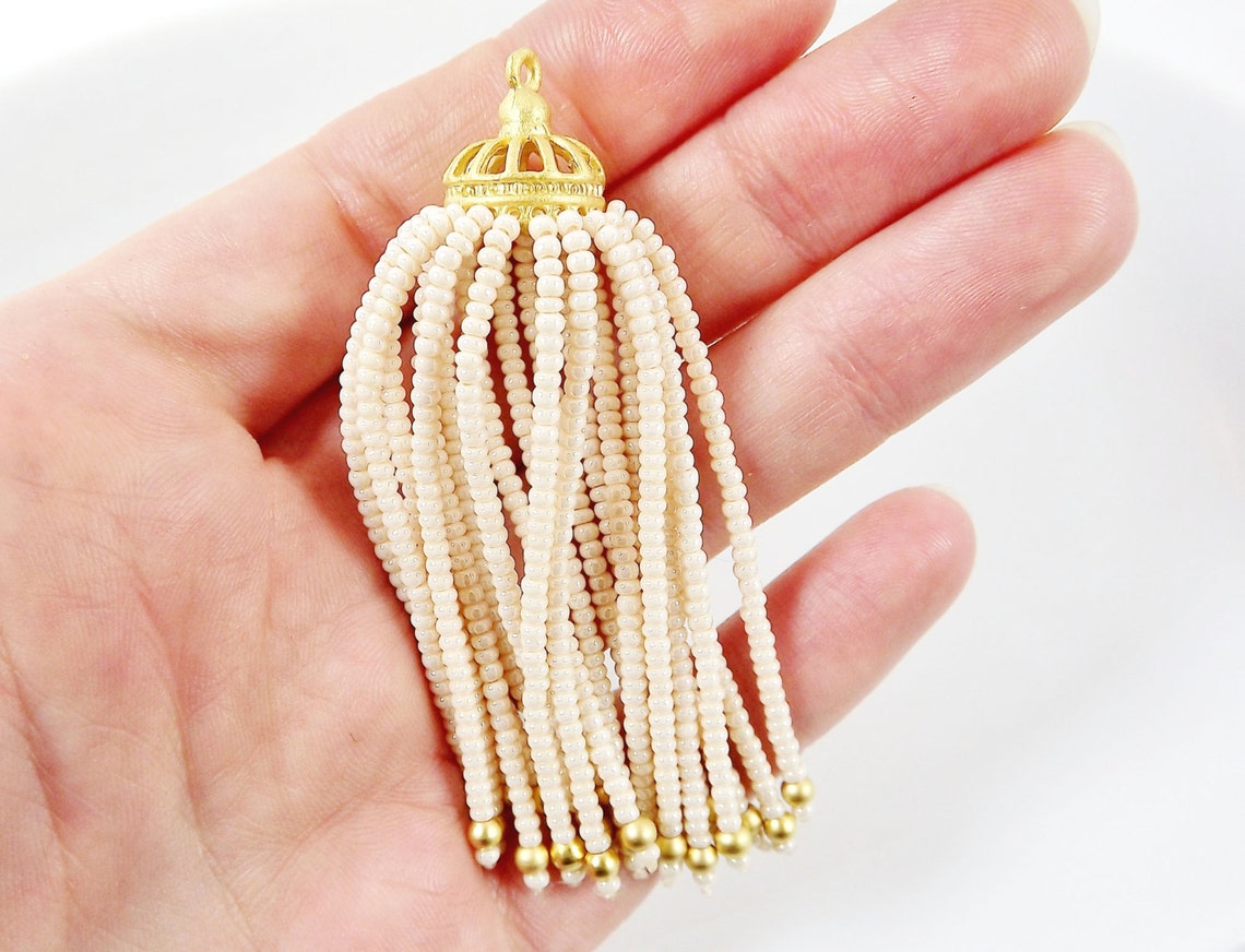Long Pearly Cream Beaded Tassel 22k Matte Gold Plated Brass - Etsy