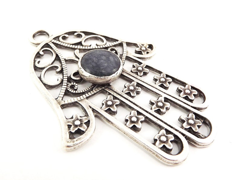 Extra Large Hamsa Hand of Fatima Pendant Round Slate Gray Jade | Etsy