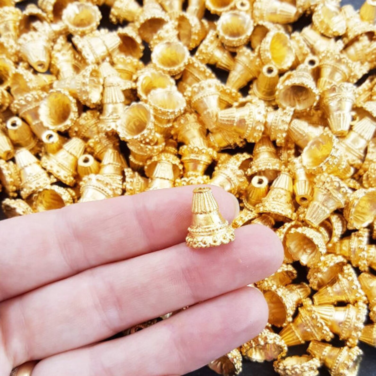 4 Rustic Studded Fluted Rim Cone Bead End Caps - 22k Matte Gold Plated ...