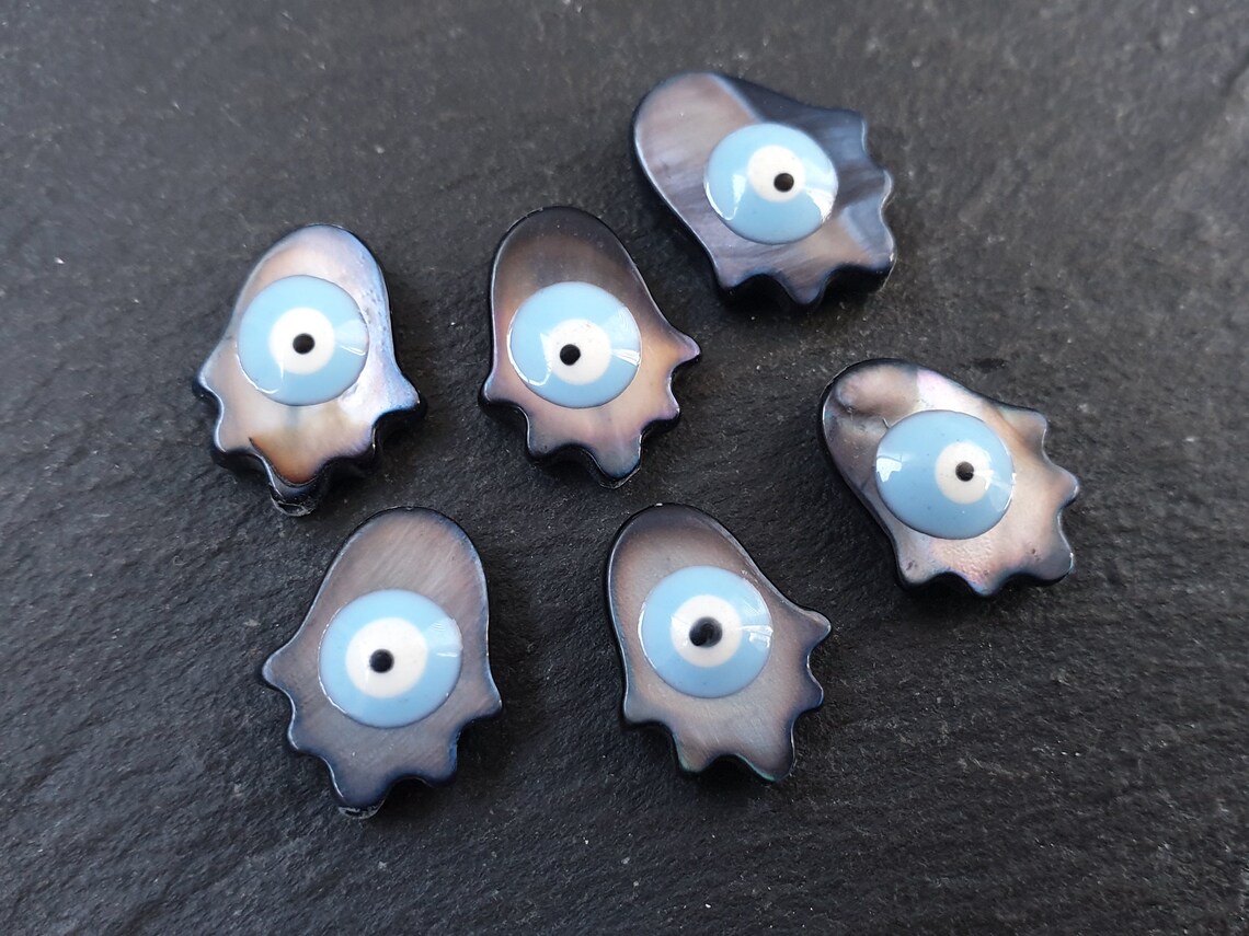 6 Mother of Pearl Evil Eye Hamsa Hand Beads, Natural Black MOP Bead ...