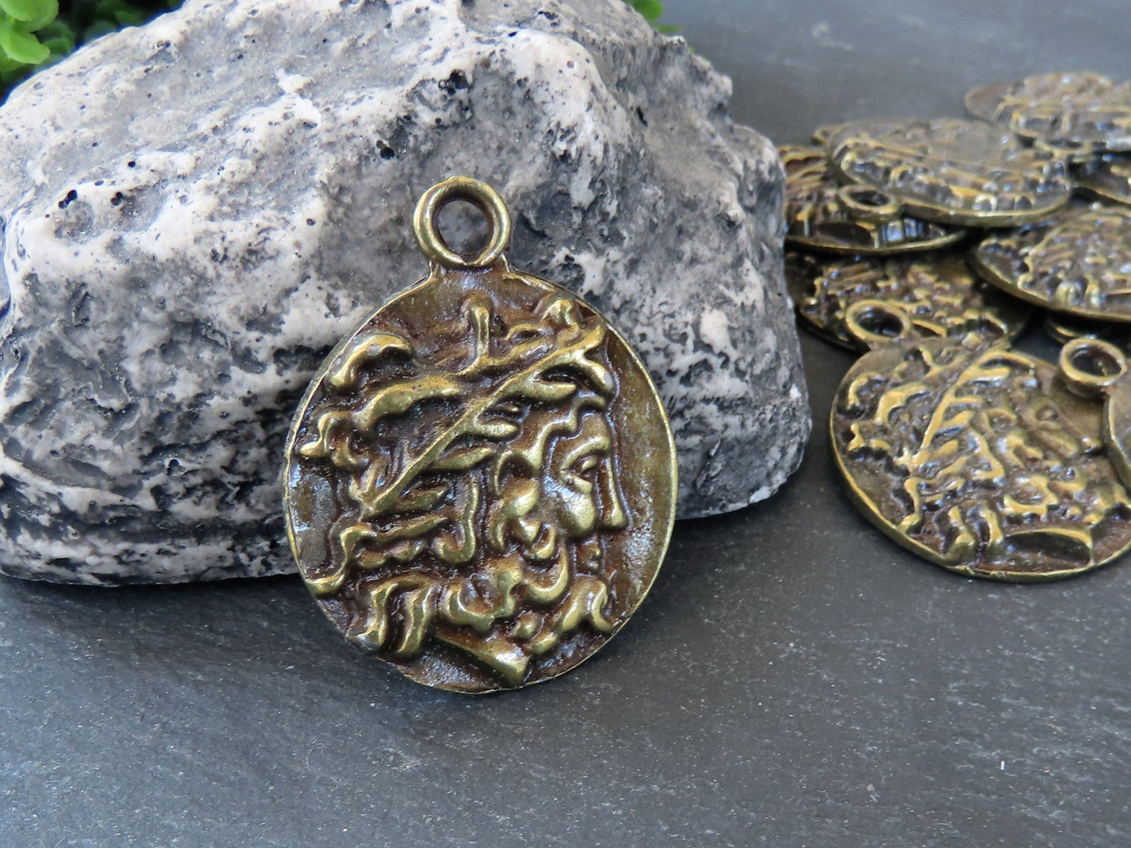 Bronze Zeus Coin Pendant Charm, Laurel Bust Coin Medallion, Ancient ...