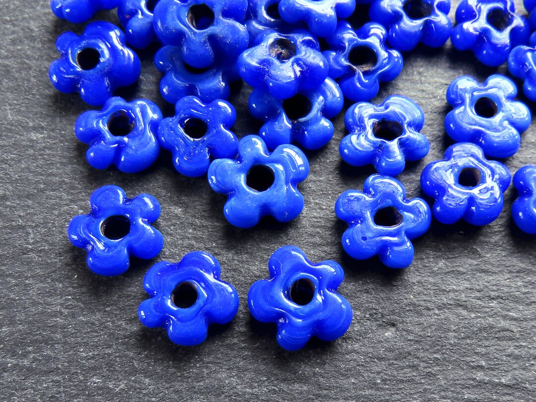 20 Orchid Blue Mini Glass Flower Beads, Floral Artisan Handmade, 10x3mm ...