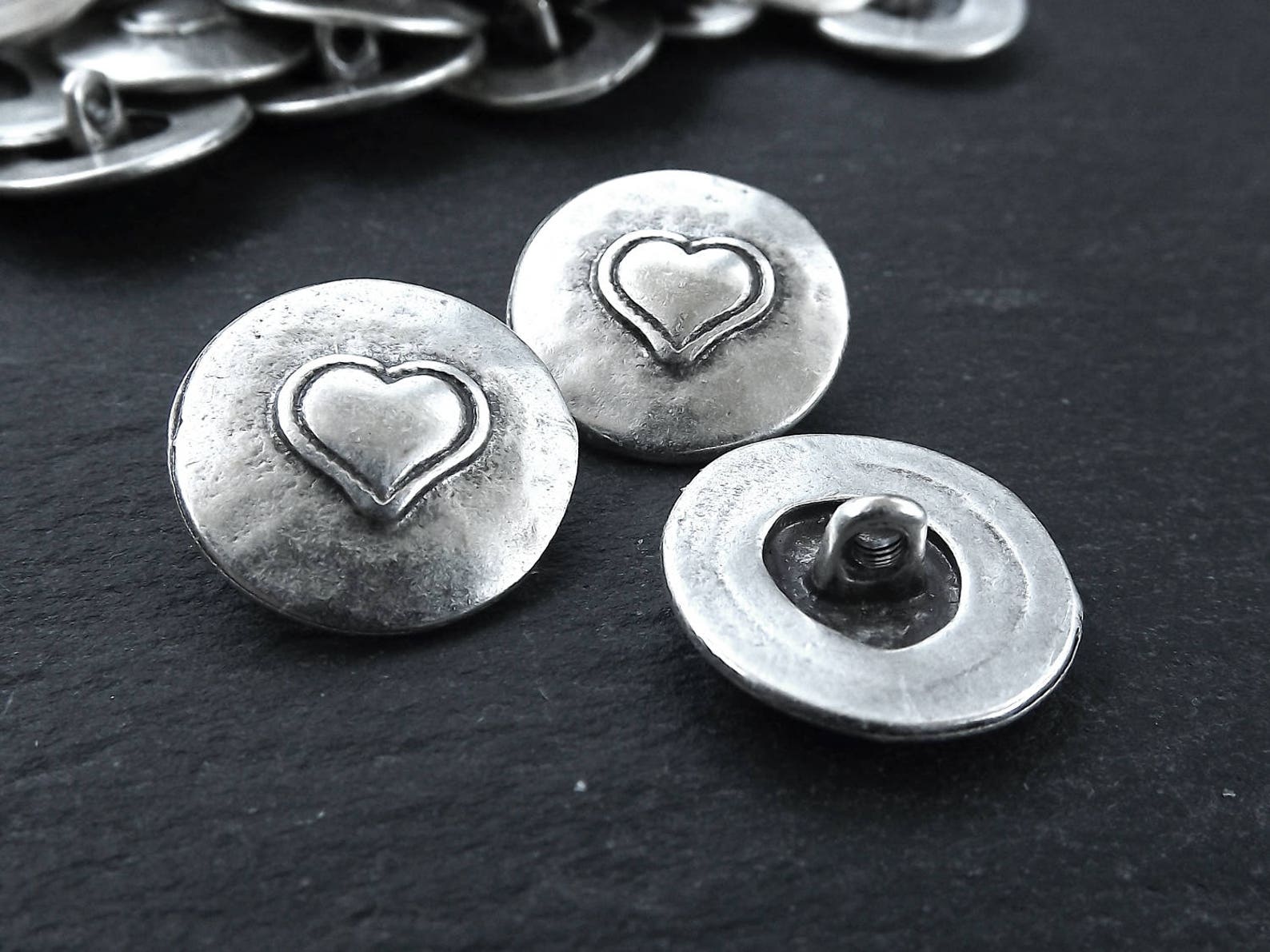 3 Rustic Metal Heart Buttons Matte Antique Silver Plated | Etsy