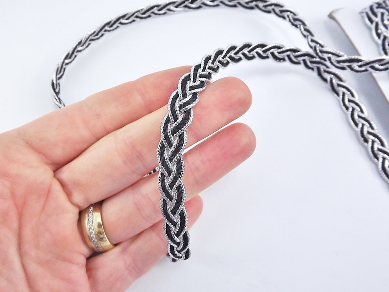 Black Metallic Silver Braided Plait Cord Satin Silk Cord Trim - 3 Ply ...