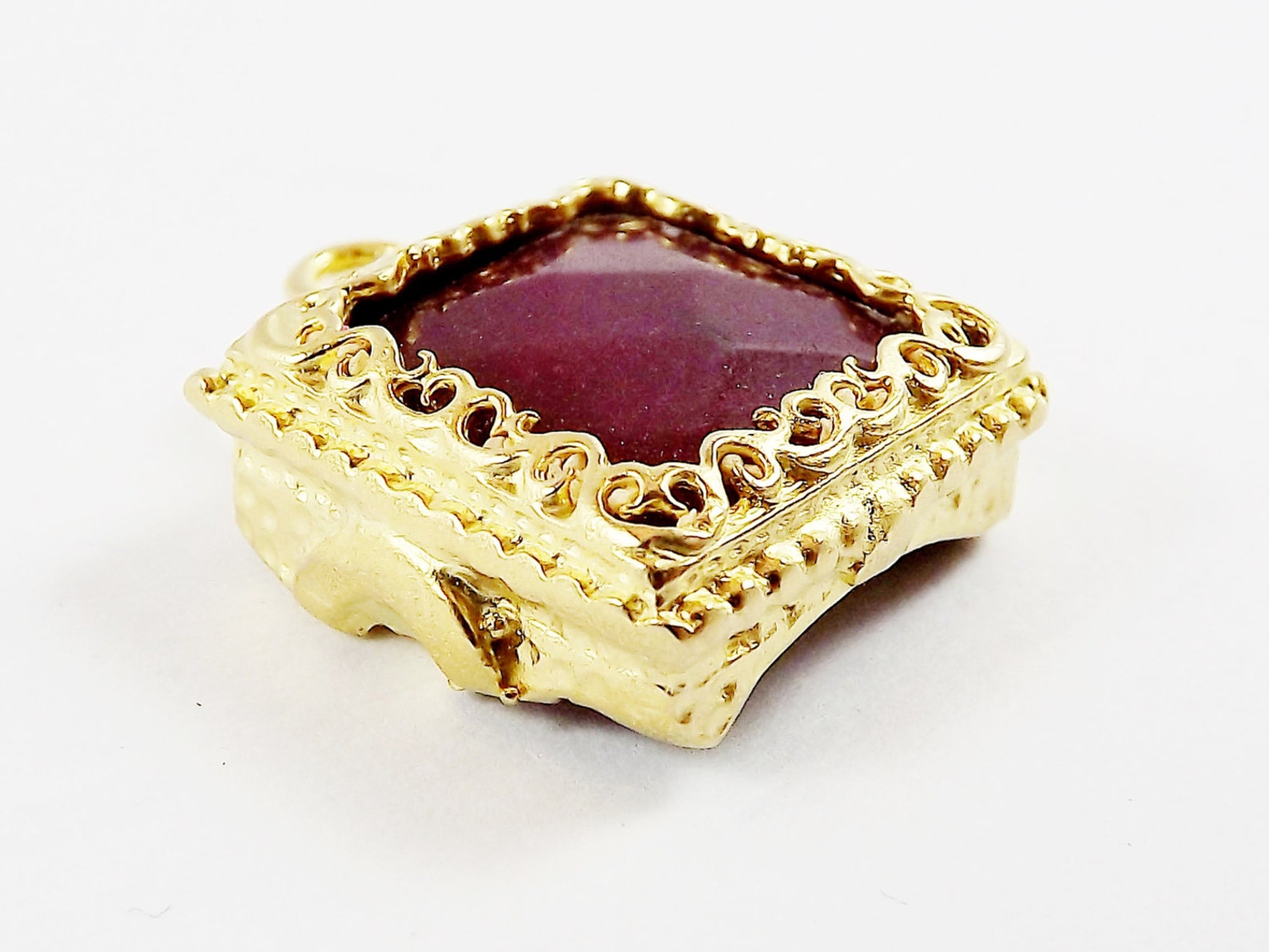 Deep Red Square Jade Pendant - Rustic Swirl Bezel - 22k Matte Gold ...