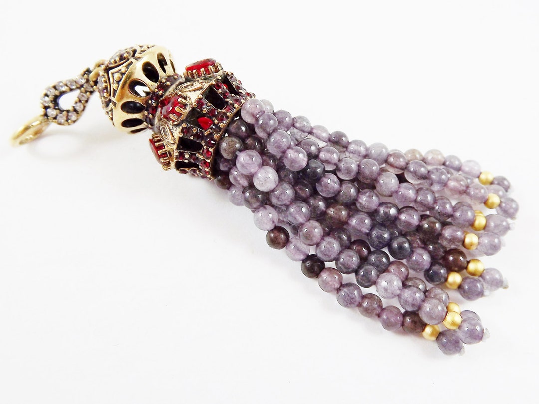 Large Long Gray Jade Stone Beaded Tassel With Red Clear Crystal Accents ...