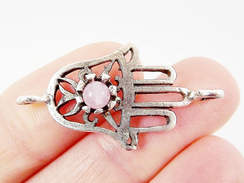 Hamsa Hand of Fatima Connector With Rose Jade Stone - Matte Silver ...