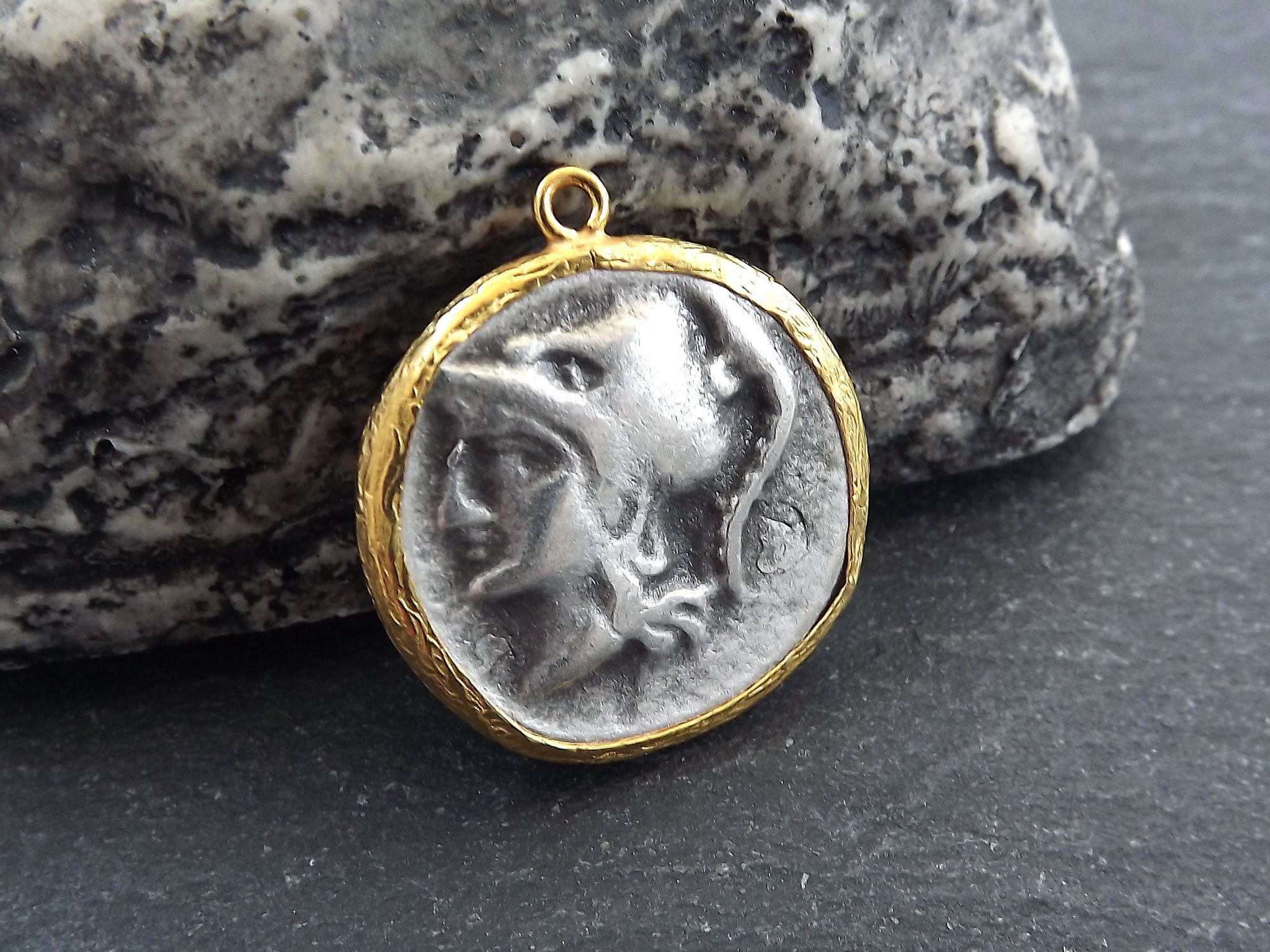 Greek Coin Pendant Gold Frame Bezel, Athena, Slinger and Triskeles ...