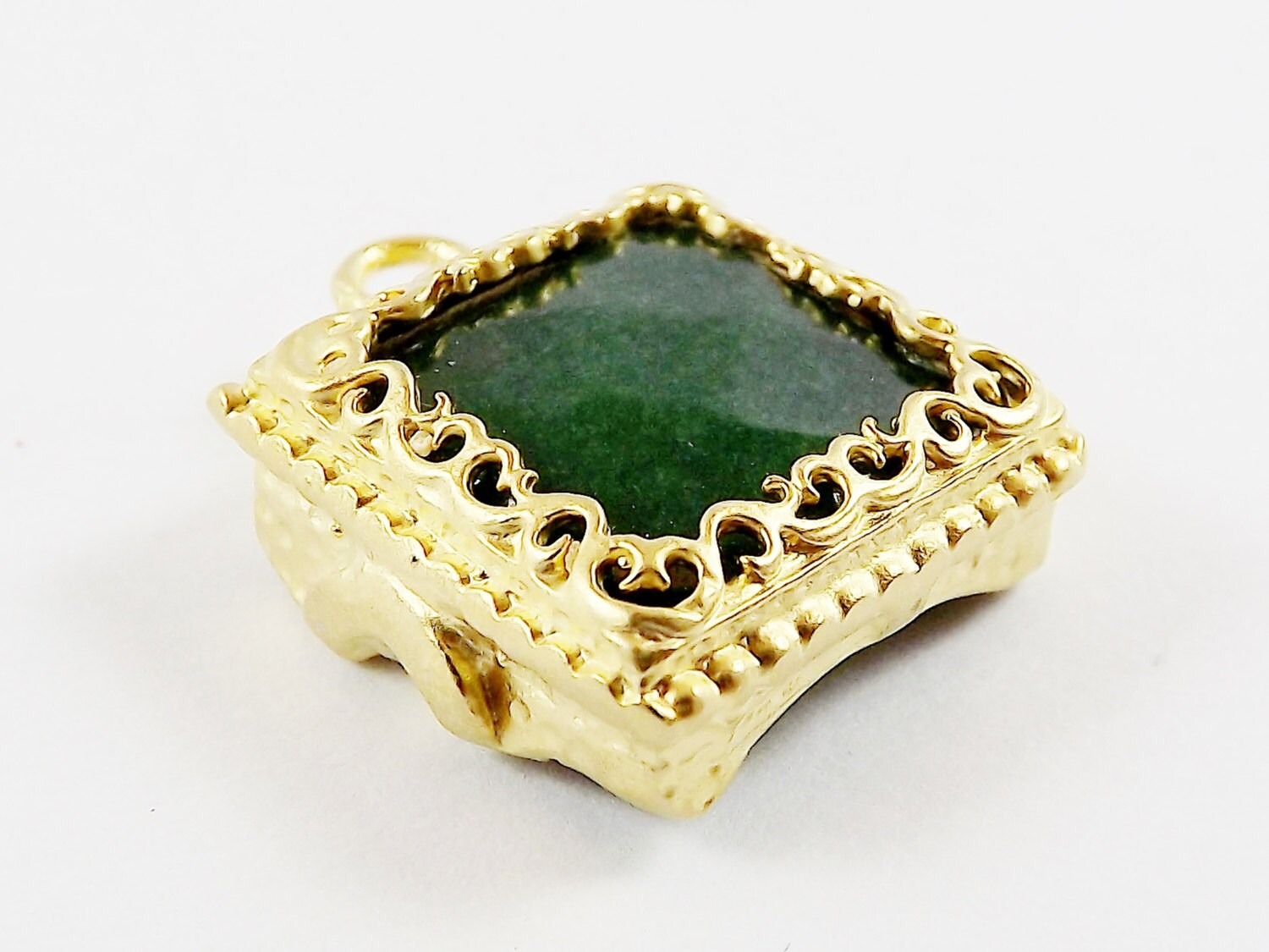 Deep Green Square Jade Pendant - Rustic Swirl Bezel - 22k Matte Gold ...