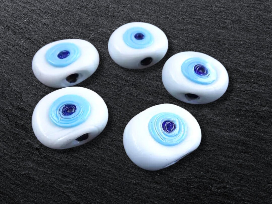 5 White Blue Evil Eye Nazar Glass Bead, Traditional Turkish Handmade ...