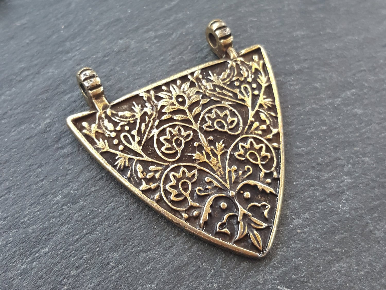 Bronze Triangle Pendant Floral Pendant Victorian Floral | Etsy