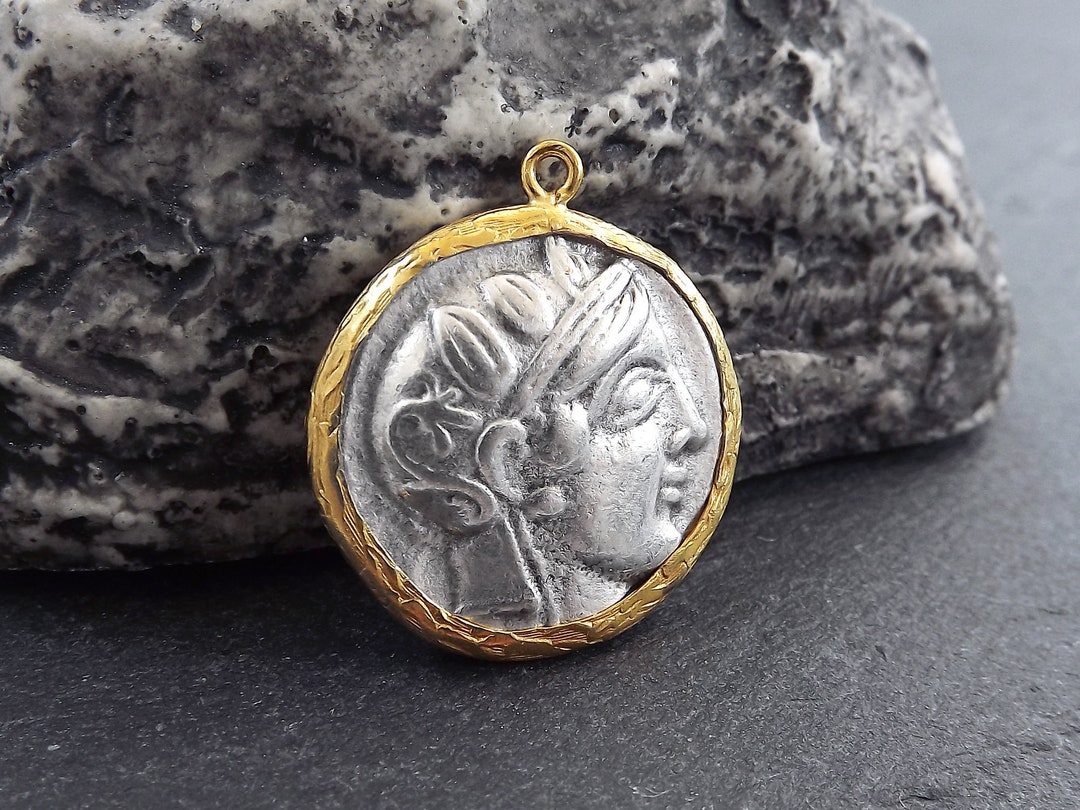 Greek Coin Pendant Gold Frame Bezel, Athena Coin, Owl of Wisdom ...