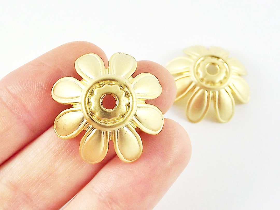 2 Large 25mm Flower Petal 22k Matte Gold Pltated Round Beadcap - Etsy