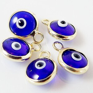 5 Mini Navy Blue Evil Eye Nazar Artisan Glass Bead Charms - Gold Plated ...