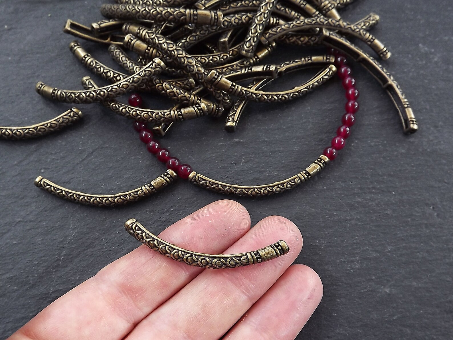 Scaled Bar Bead, Bronze Curve Bead, Bronze Tube Spacer, Curve Tube ...