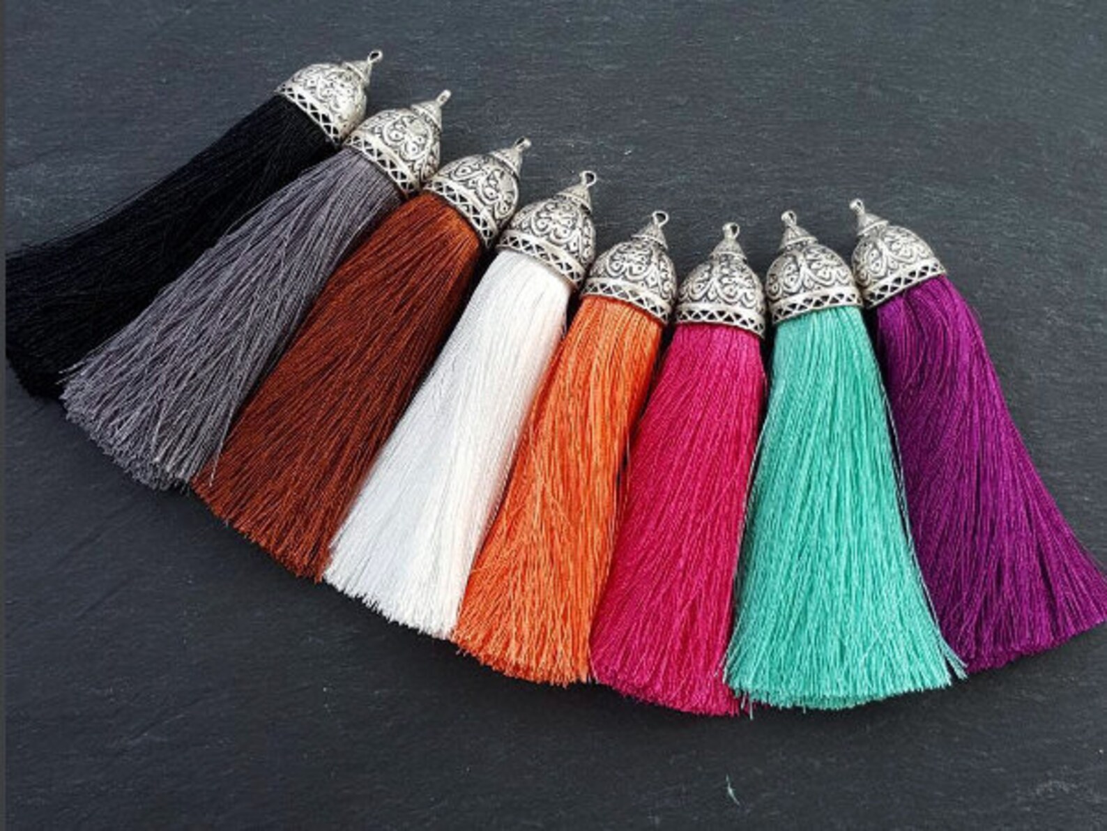 Extra Large Thick Black Silk Thread Tassel Pendant With Ornate Silver ...