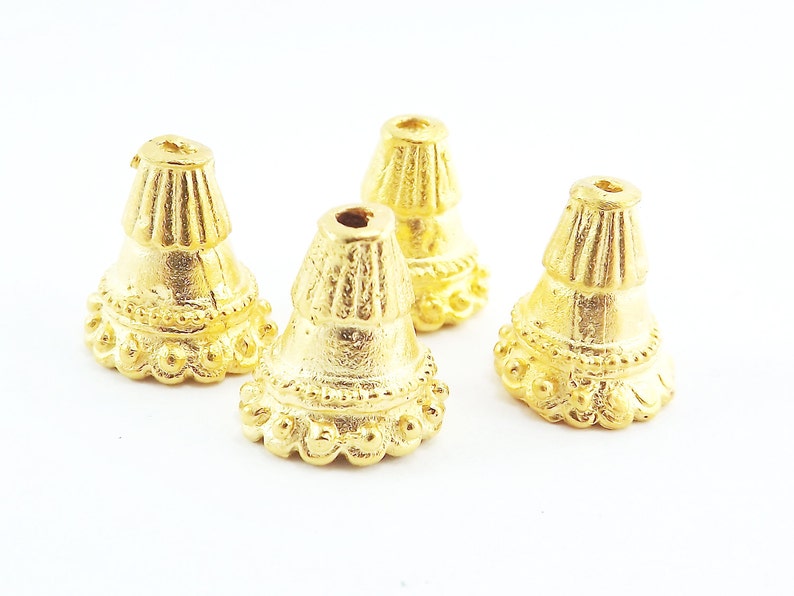 4 Rustic Studded Fluted Rim Cone Bead End Caps - 22k Matte Gold Plated ...