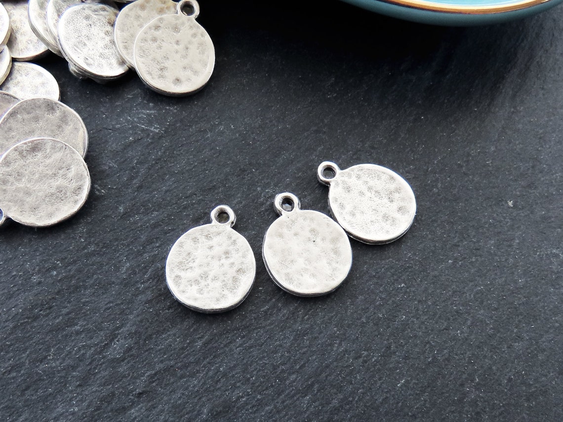 Hammered Silver Coin Charms, Rustic Disc Circle Pendant Boho Bohemian ...