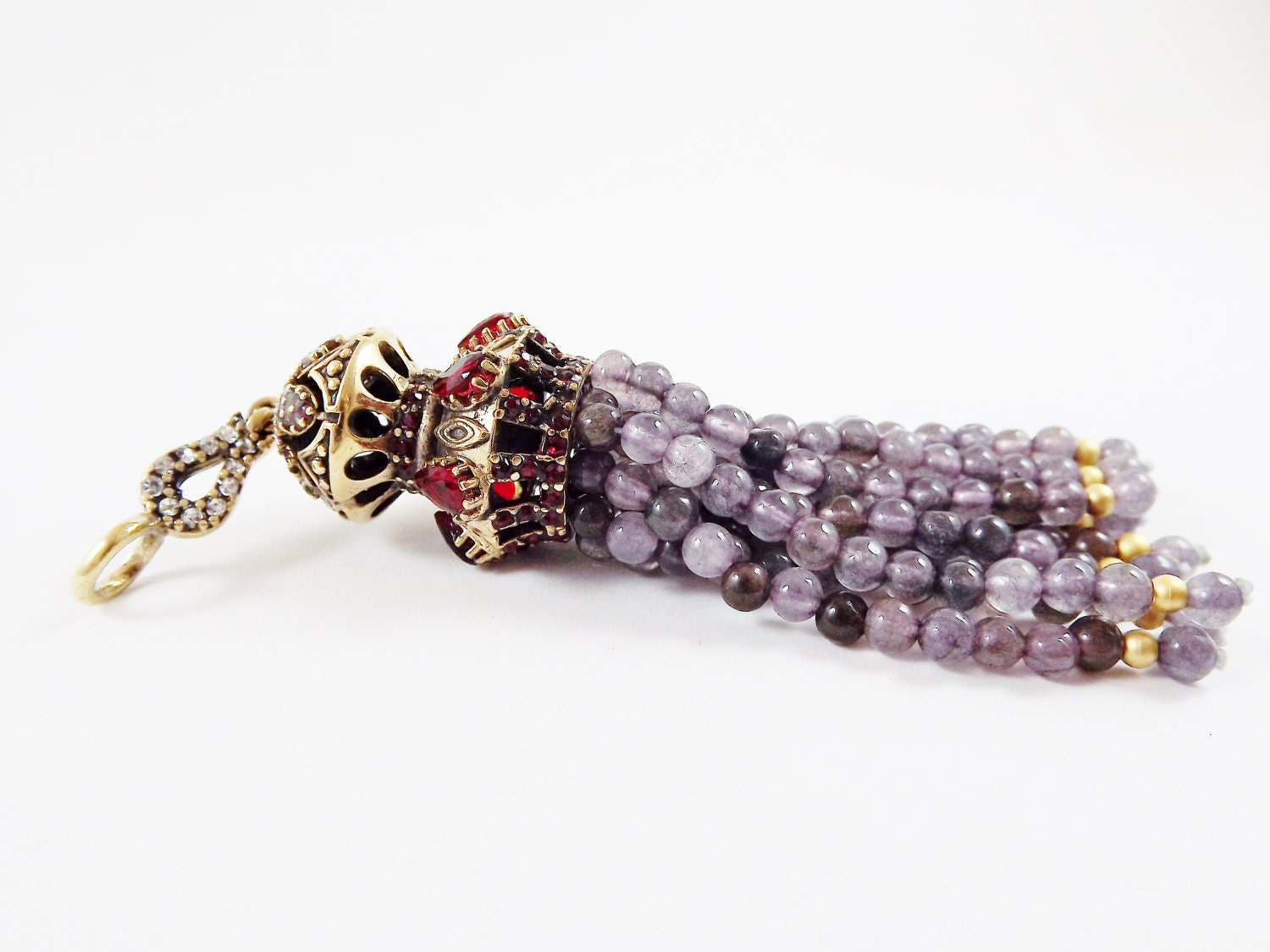 Large Long Gray Jade Stone Beaded Tassel With Red Clear Crystal Accents ...