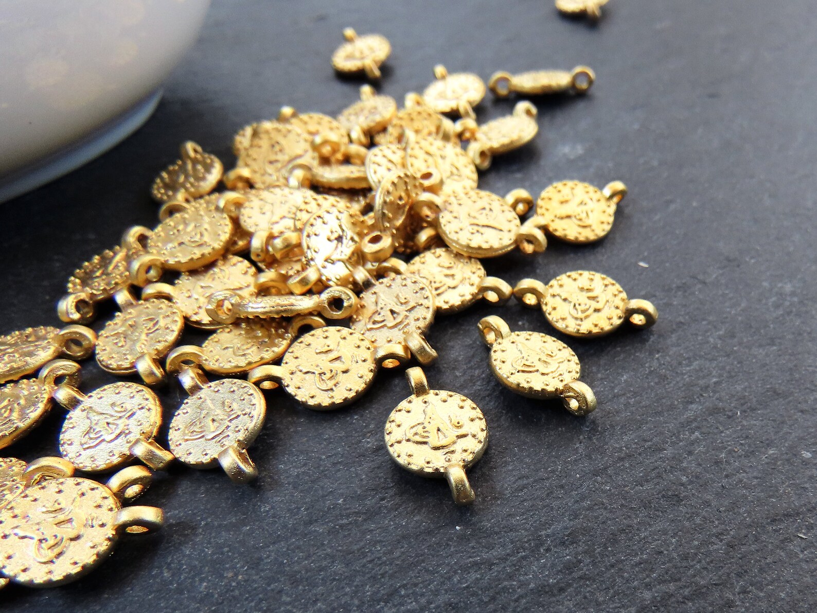 20 Mini Round Coin Charm Connectors With Two Loops, Dotted Edge Tughra ...